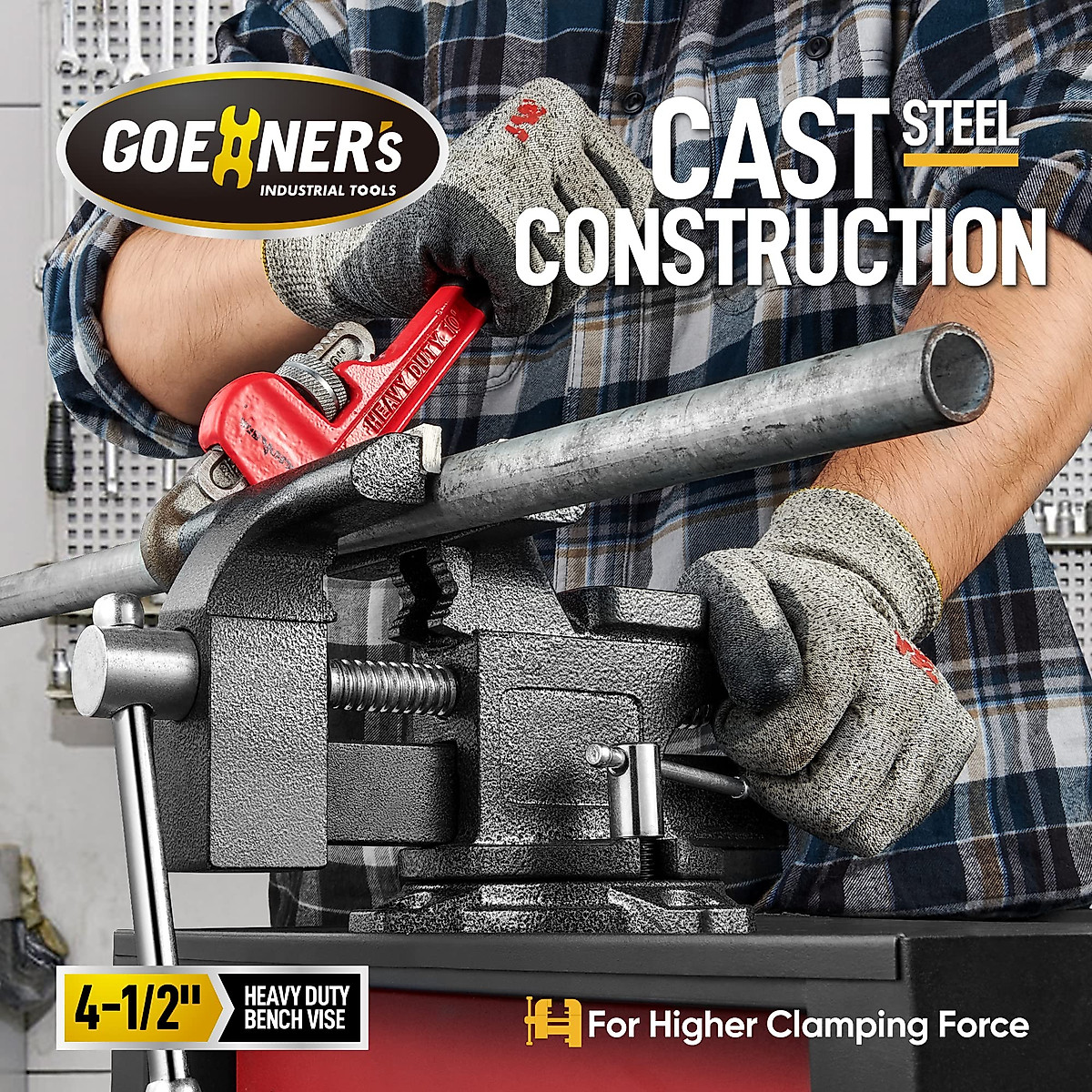 Bench Vise 4-1/2", Vice for Workbench with Heavy Duty Forged Steel Construction, Built-in Pipe Jaw, Swivel Base Table Vise for Woodworking, Home Workshop Use and DIY Jobs