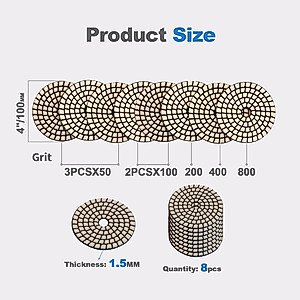 Dry Diamond Polishing Pads - 8pcs 4 inch (#50x3,#100x2,#200x1,#400x1,#800x1) Sanding Pads Kit for Granite Marble Ceramic Used on Angle Grinder or Polisher