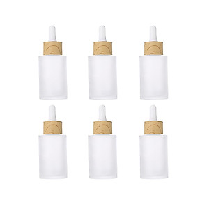 6Packs 30ml Frosted Glass Dropper Bottles for Essential Oils with Wooden Caps Empty Glass Liquid Container Holder with Wooden Lids for Travel Home Store Use