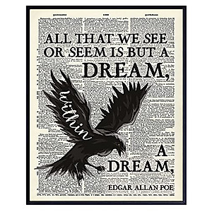 Gothic Edgar Allan Poe Raven Poster - 8x10 Goth Room Decor - Creepy Vintage Wall Art - Gothic Home Decor - Scary Unique Upcycled Dictionary Art Photo Picture Print - Pagan Gifts - Wicca Wiccan