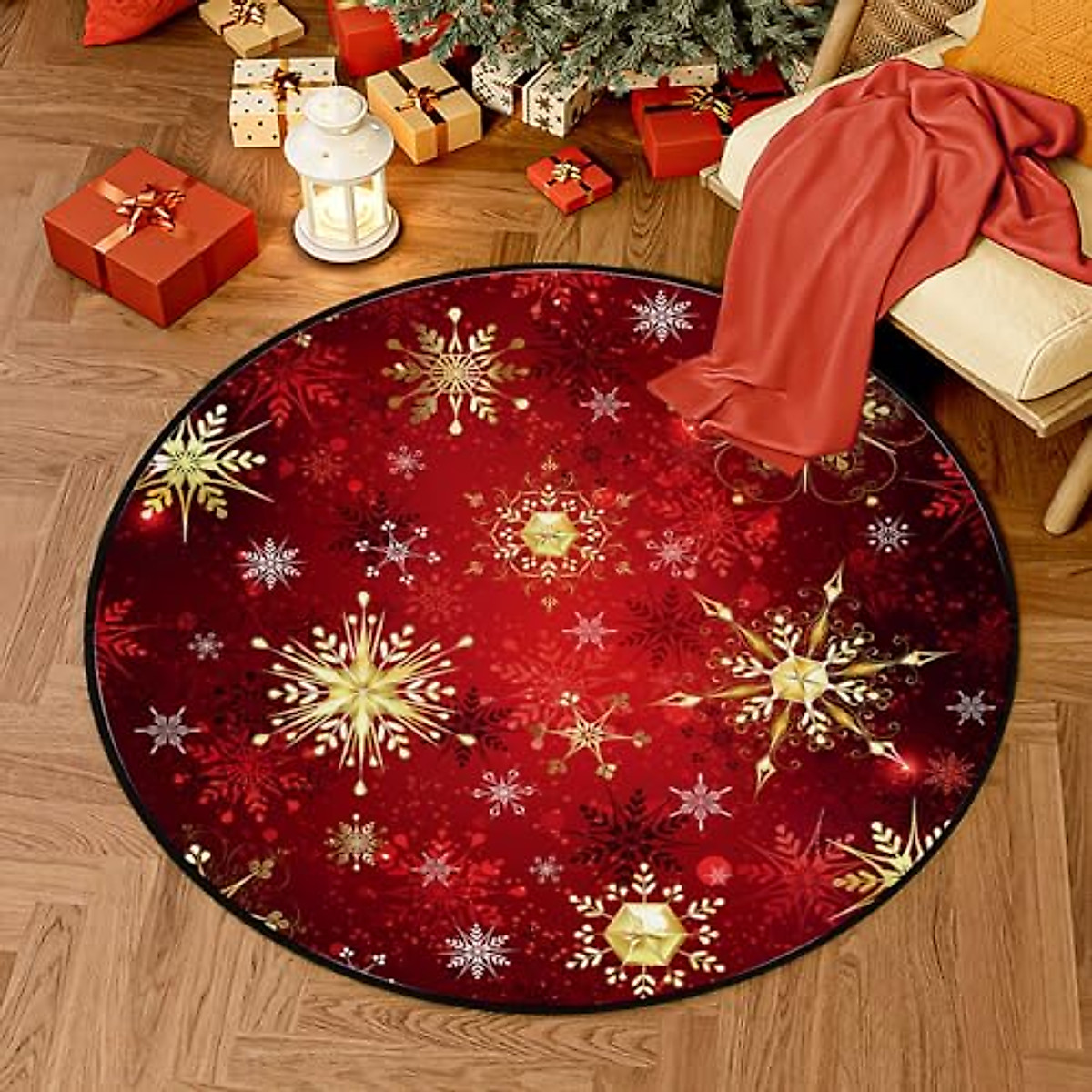 BVOGOS Round Rug 3ft Red Gold Black Christmas Snowflakes Soft Foam Washable Circle Rugs Kids Play Mat Nursery Rug Floor Carpet for Bedroom Living Room Home Decor