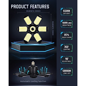 LIGHTNUM 6-Pack LED Garage Light, 16000Lm Deformable LED Garage Ceiling Light with 6 Adjustable Panels 6500k Led Shop Light Screw in E26/E27 Bulb Socket Compatible for Workshop Storage Room Basement