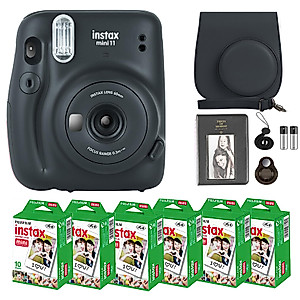Fujifilm Instax Mini 11 Camera with Fujifilm Instant Mini Film (60 Sheets) Bundle with Deals Number One Accessories Including Carrying Case, Selfie Lens, Photo Album, Stickers (Charcoal Gray)