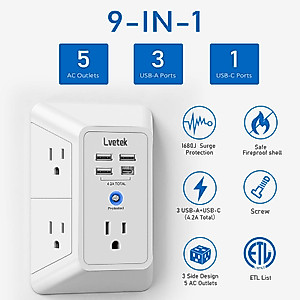 5-Outlet Surge Protector Wall Charger with 4 USB Ports - 1680J Multi Plug for Home, Office, Travel