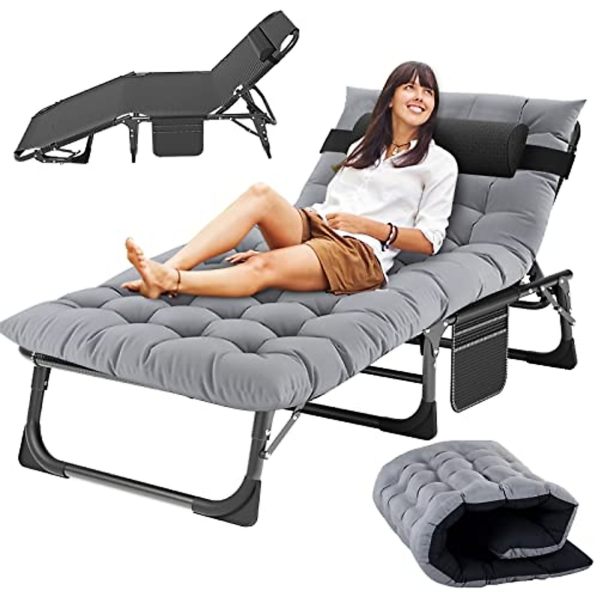 Slsy Sleeping Cots for Adults, 5-Position Folding Chaise Lounge Chairs Outdoor, Portable Folding Bed Cot Lounge Chair for Beach Lawn Camping Pool Sun Tanning