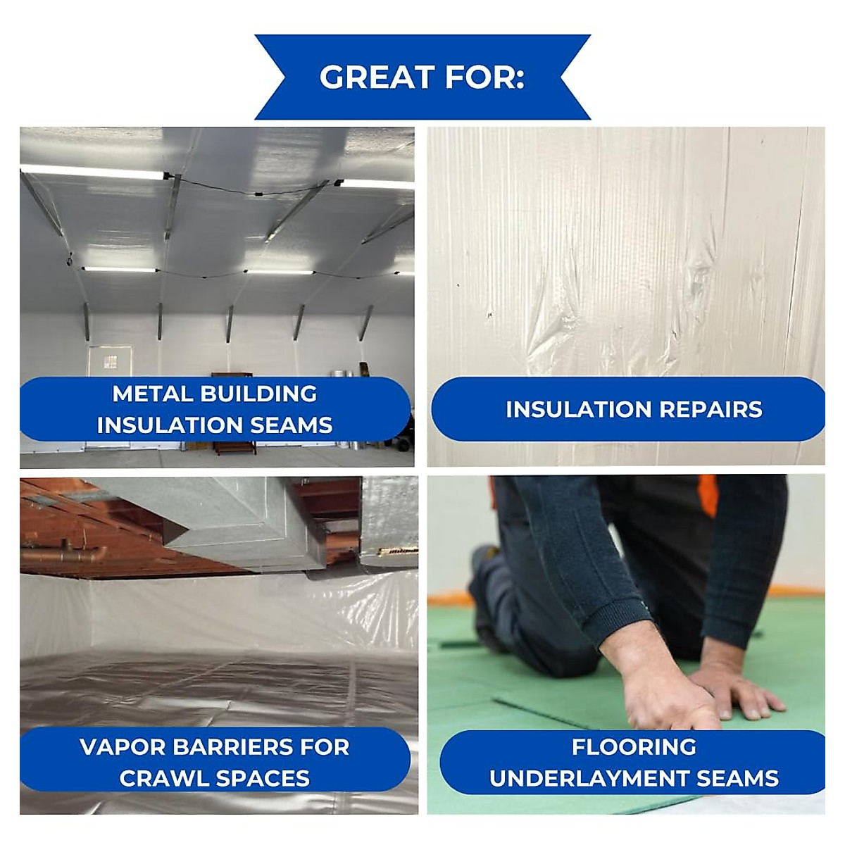 BlueTex Insulationㅤ 3" Wide x 180' Long White Vapor Barrier Seam Tape - 1 Roll, Waterproofing & Great for Crawlspaces, Insulation Repairs, Underlayment Seams, Metal Building Insulation Seams