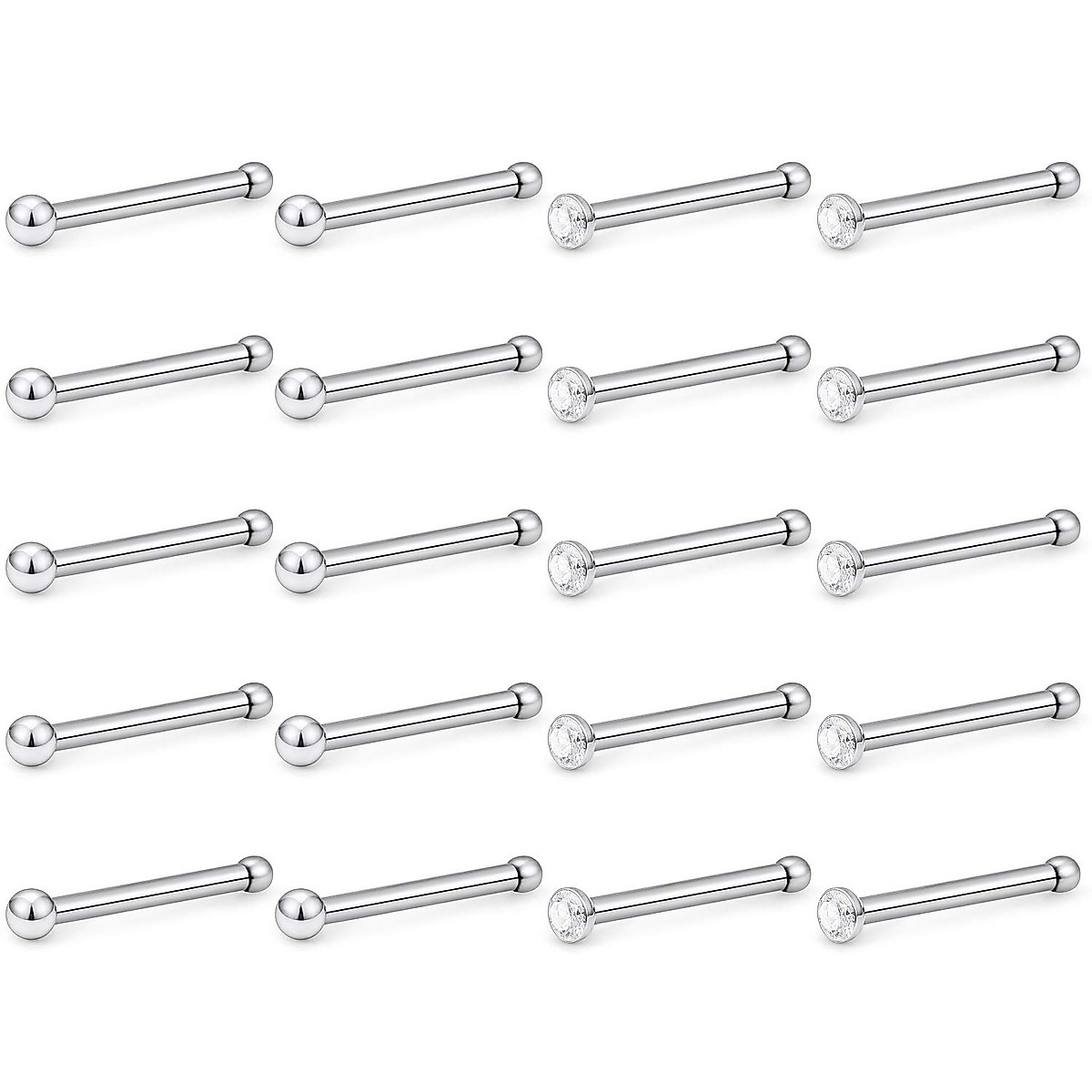 Ftovosyo 20PCS 18G Stainless Steel Nose Rings Studs Crystals Bone Body Nose Piercings Hypoallergenic for Women Men Clear CZ Size 1.5mm