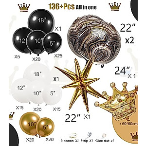 Black and Gold white balloon garland arch kit 136Pcs with Starburst crown 4D Agate balloons for birthday anniversary graduation prom party decorations