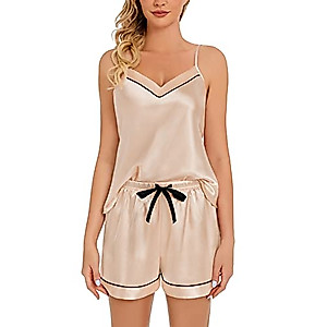 SWOMOG Silk Cami Pajamas Set Women Satin Pjs Camisole Loungewear Soft Lingerie Set Champagne