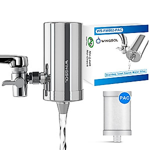 WINGSOL Stainless-Steel Faucet Water Filter, Faucet Mount Water Filtration System, Tap Water Filter, Reduce Heavy Metals, Chlorine and Bad Taste, 320G Long Lasting -1 Filter Included