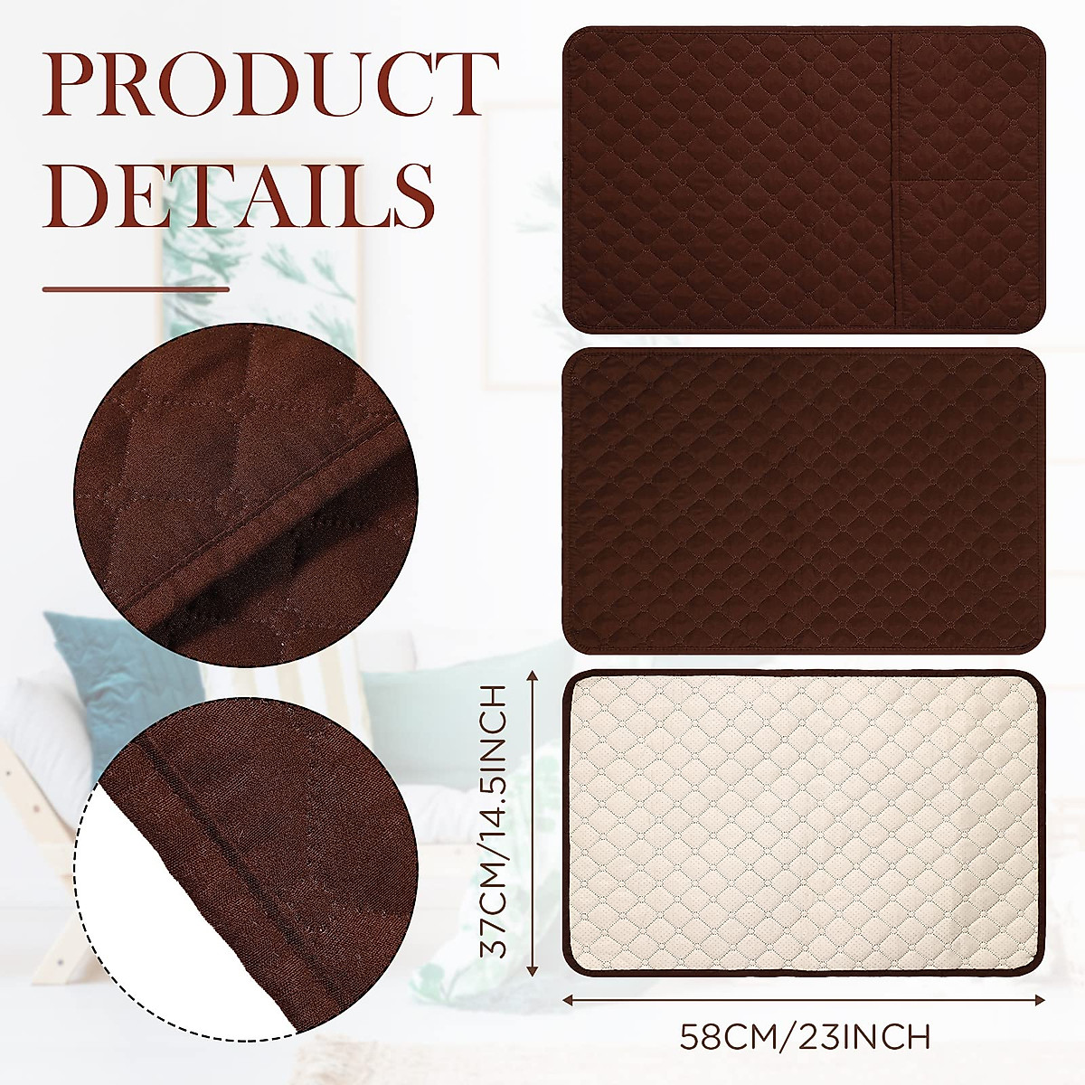 Tradder 3 Pcs Recliner Slipcovers Recliner Headrest Protector Arm Chair Arm Covers with Pockets Headrest Cover for Recliner 22.8 x 14.6 Inch Recliner Chair Covers for Couch Sofa Furniture (Brown)