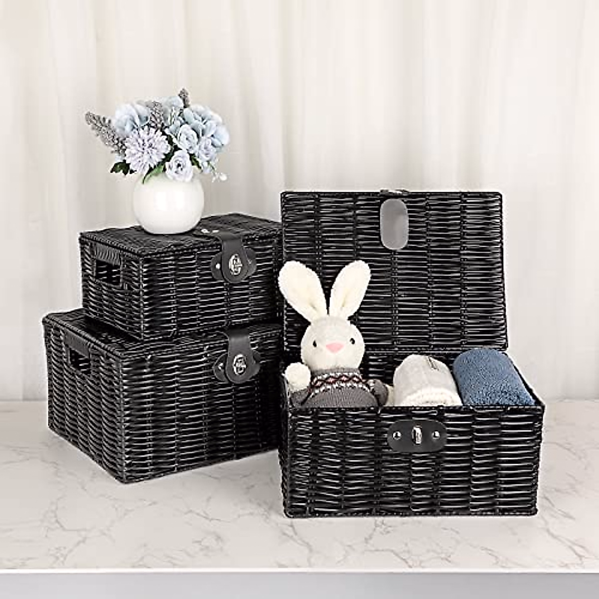 Hipiwe Decorative Storage Boxes with Lids & Lock Black Woven Basket Bin Built-in Carry Handles Plastic Shelf Basket Lidded Multifunctional Household Organizer Box for Clothes Toy Book Snack