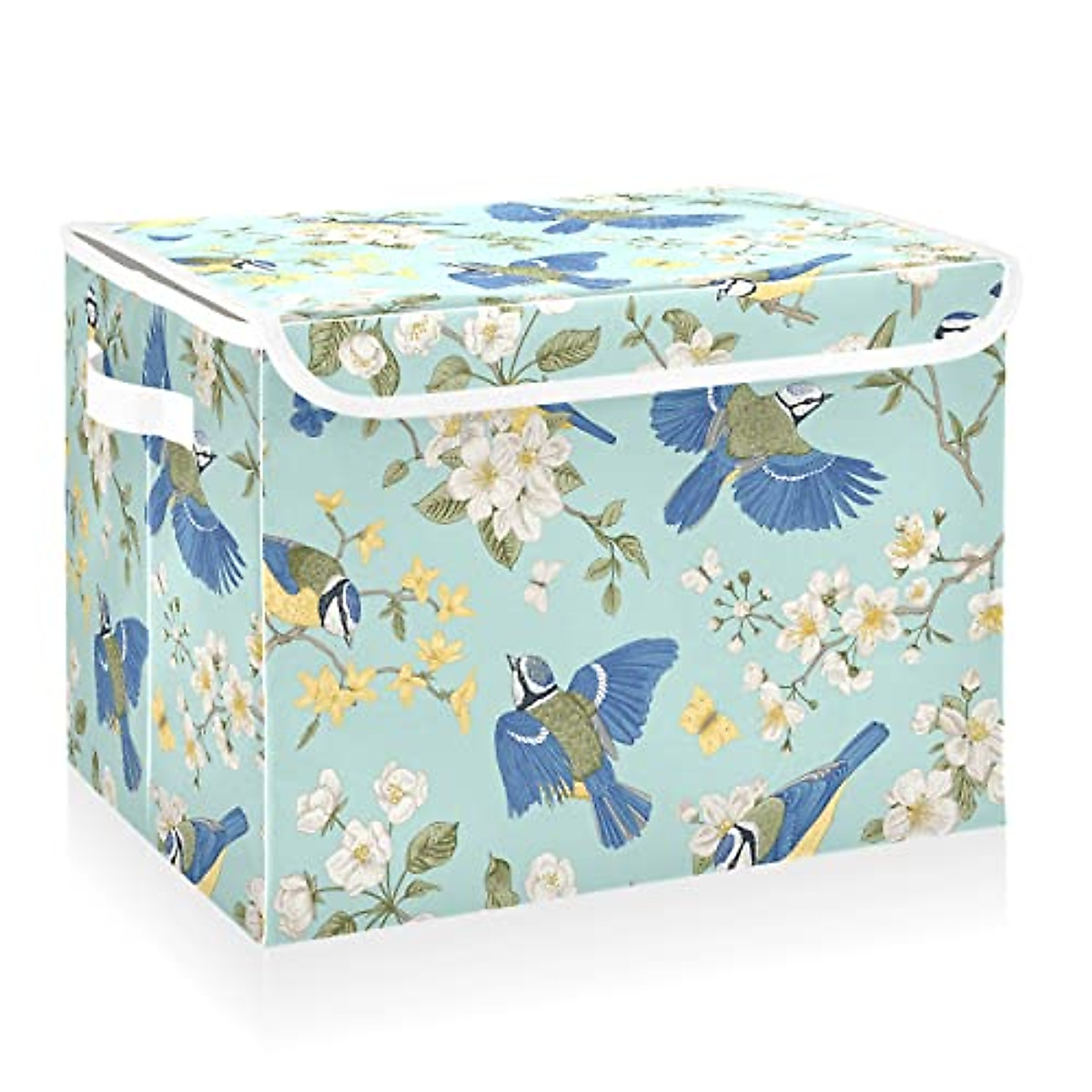 CaTaKu Tits Birds Flowers Storage Bins with Lids and Handles, Fabric Large Storage Container Cube Basket with Lid Decorative Storage Boxes for Organizing Clothes