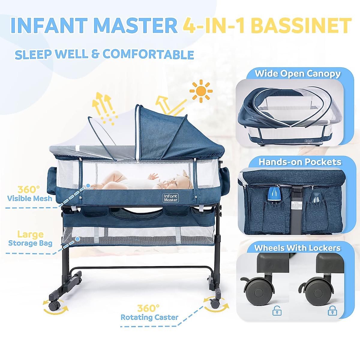 4 in 1 Baby Bassinet, Upgraded Nursery center w/ Diaper Changer, 360° Highly Visible Mesh wall, Comfy Newborn Bassinet with 5 Level Adjustable Height, Portable Baby Travel Crib for baby, Blue