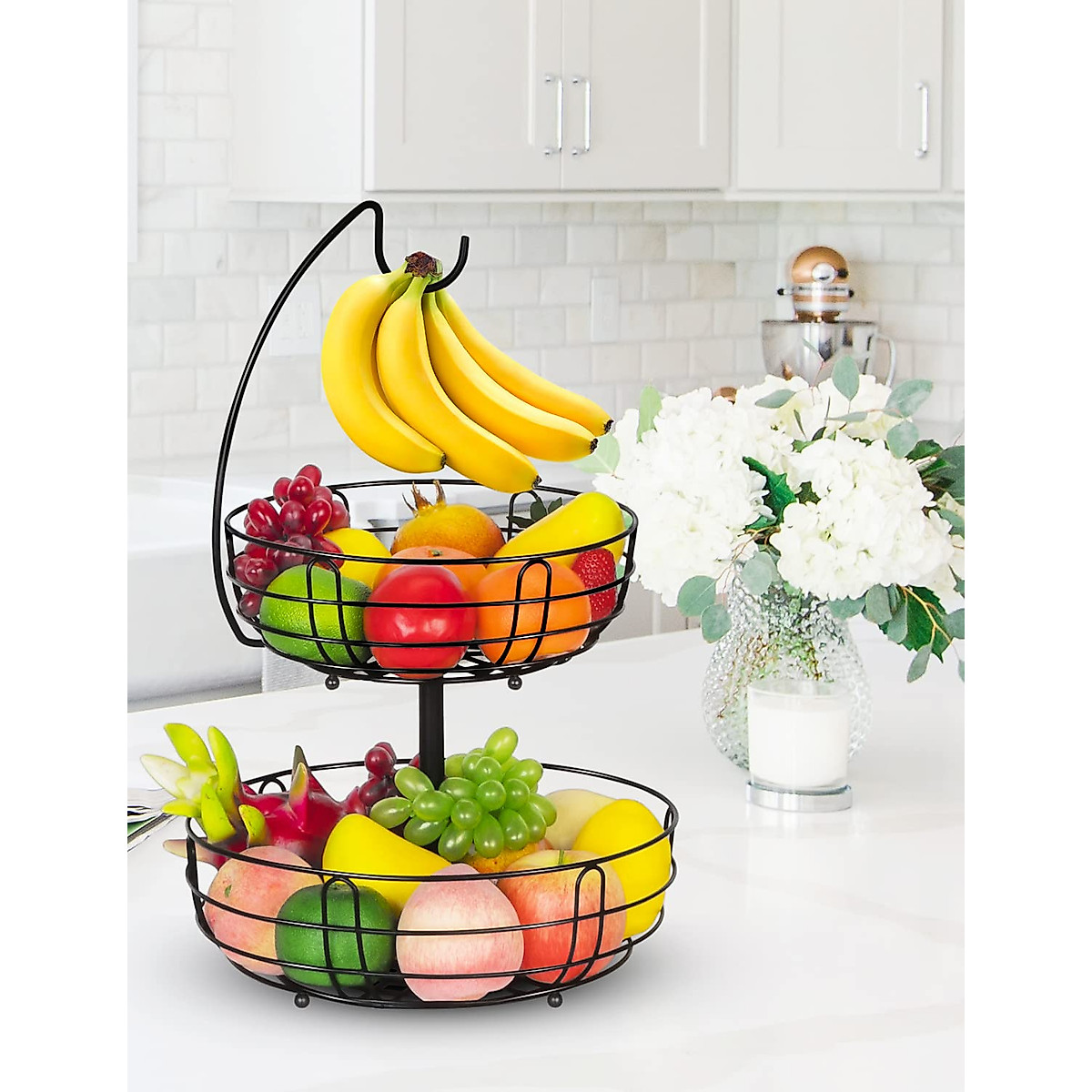 Bextcok 2 Tier Fruit Basket, Vegetables Fruit Bowl Storage with Banana Holder Hanger Hook Stand Organizer for Kitchen Countertop Counter, Black