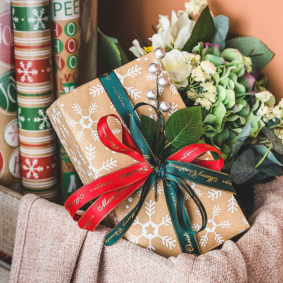 RUSPEPA Christmas Wrapping Paper, Kraft Paper - Snowflakes, Red and Green Stripe and Christmas Greetings - 4 Rolls - 30 inches x 10 feet per Roll