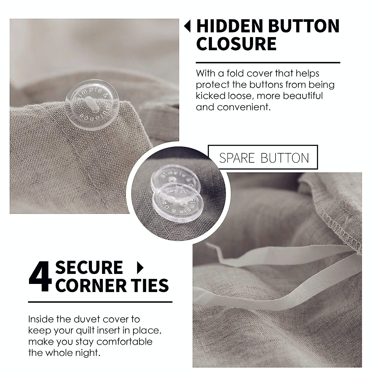 Simple&Opulence 100% Linen Duvet Cover Set 3pcs Basic Style Natural French Washed Flax Solid Color Soft Breathable Farmhouse Bedding with Button Closure - Linen, Queen