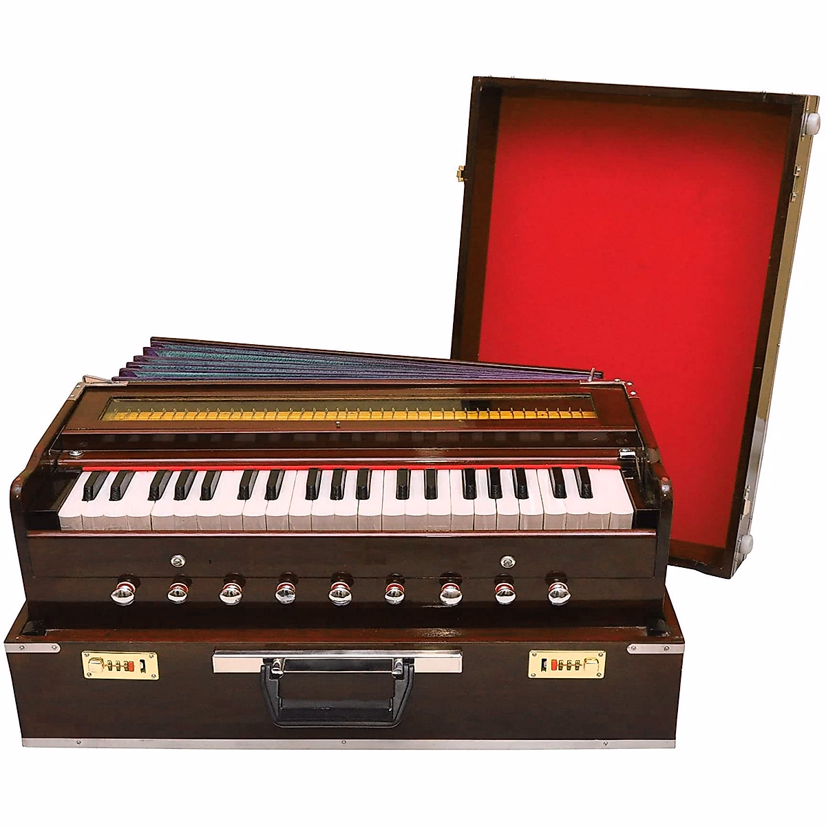 Original Superbrass American Pinewood 9-Stopper 3½ Octaves Portable Folding Indian Harmonium with Special Reeds + Fiberglass Case