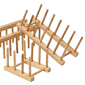 Teensery Bamboo Wood Dish Rack Detachable Plate Pot Cup Lid Drying Storage Holder Stand for Home Kitchen Cabinet (6 Slots)