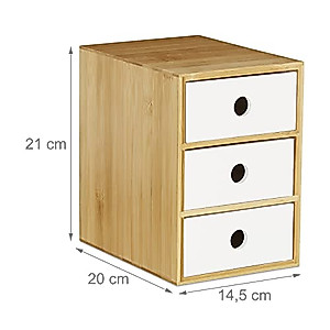 Relaxdays Desk Organiser, 3 Drawers, Bamboo & MDF, Office Storage Box, H x W x D: 21 x 14.5 x 20 cm, White, 1 Item