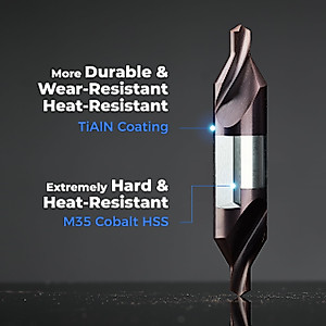 toolant Center Drill Bit Set, TiAlN Coated Cobalt M35 HSS Centering Drill Bit for Stainless Steel, Carbon Steel, Alloy Steel, Cast Iron, Copper, Other Hard Metals, #1-5, SAE 3/64"-3/16" (6pcs)