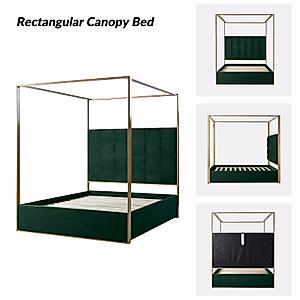HULALA HOME Modern Upholstered Canopy Queen Size Bed,Champagne Metal Bed Frame with Upholstered Headboard,Noise-Free,Green