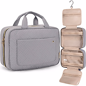 BAGSMART Toiletry Bag Travel Bag with Hanging Hook, Water-resistant Makeup Cosmetic Bag Travel Organizer for Accessories, Shampoo, Full Sized Container, Toiletries Grey, Large