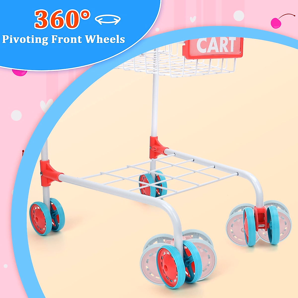 deAO Kids Shopping Cart Trolley with Sturdy Metal Frame for Toddlers 46 PCS Food Fruit Vegetables Pretend Play Food Role Play,Educational Toy Play Kitchen Toys for Boys Girls Kids