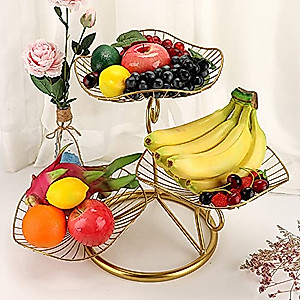 OwnMy 3-Tier Fruit Basket Stand Decorative Iron Fruit Bowl, Metal Wire Fruit Holder Storage Trays Table Countertop Holder for Vegetables Bread Snack, Modern Fruit Bowls for Kitchen Home Use (Gold)