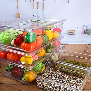 Mifoci 6 Pcs Commercial Plastic Food Pans with Lids Clear Food Pans Included 2 Pcs Full Size 6 Inch Deep Hotel Pan 4 Pcs 1/2 Size 4 Inch Freezer Food Storage for Storage Kitchen Restaurant