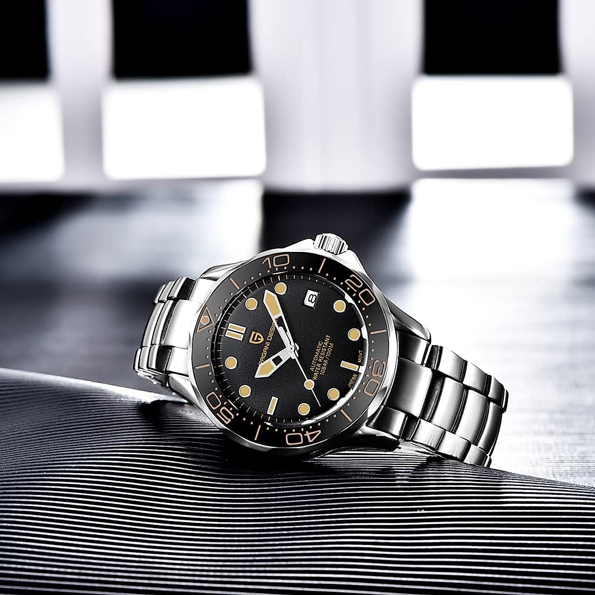 RollsTimi Pagani Design Men's Automatic Watch, Men's Automatic Diver's Watch, Stainless Steel, Rotating Ceramic Bezel Japan Imported Movement, Sapphire Mirror Waterproof Mechanical Watch. (Black)