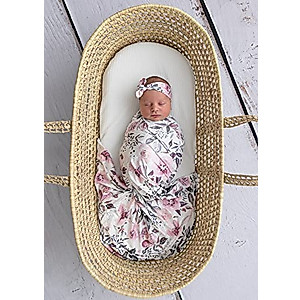 Terriboo Newborn Baby Girl Swaddle and Headband Set Floral Receiving Blanket (Pink)