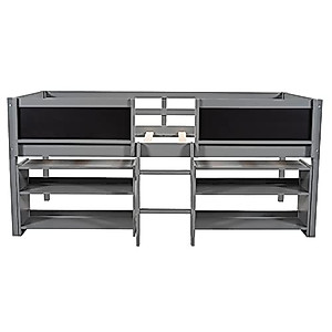 Lofaris Twin Size Low Loft Bed with Two Movable Shelves and Ladder,with Decorative Guardrail Chalkboard for Child,A Huge Storage Space for Clothes,Toys and Other Things,Gray.