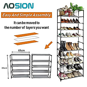 AOSION 10 Tier Shoe Rack,Shoe Rack for Closet 30-50 Pairs Tall Shoe Rack Organizer with Hooks Large Shoe Rack with Removable,Space Saving Shoe Shelf,Non-Woven Fabric Shoe Tower,Grey