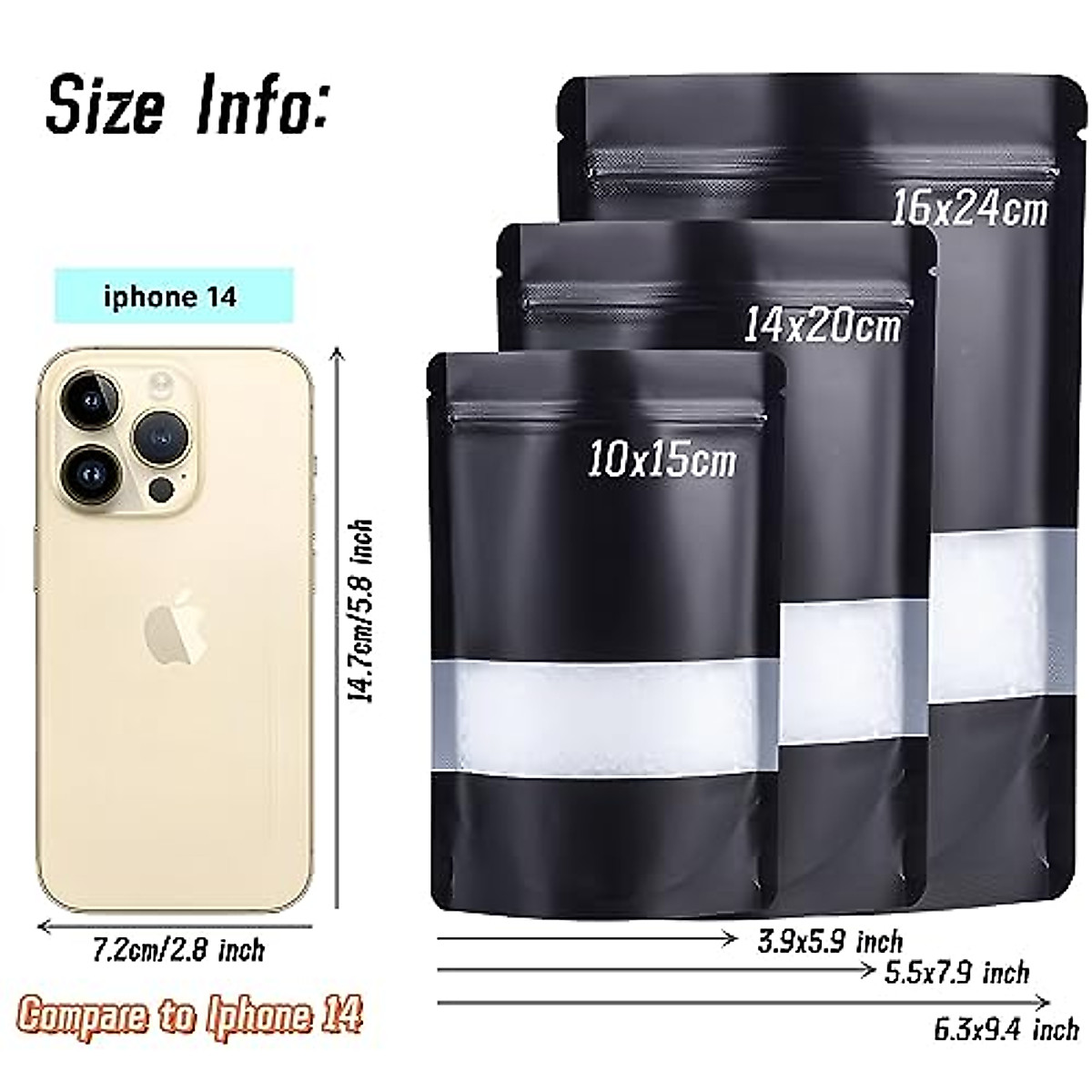 K KAREZOG 50 Pack Black Mylar Bags,Stand Up Pouch Bags with Window,Smell Proof Bag for Food Storage,Black Ziplock Bags Stand Up Foil Pouch Packaging Bags(Black, 16x24cm -50 pcs)