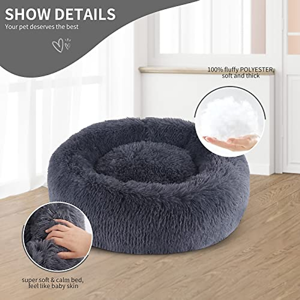 ZEJEUER Cat Bed, Small Dog Bed, Round Donut Washable Plush Fluffy Faux Fur Soft Cushion Beds for Indoor Pets