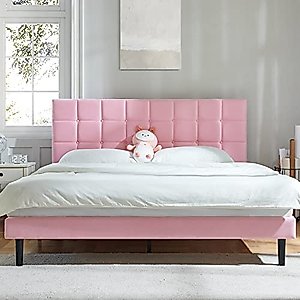 Molblly Twin Bed Frame Upholstered Platform with Headboard and Strong Wooden Slats,Non-Slip and Noise-Free,No Box Spring Needed, Easy Assembly,Pink