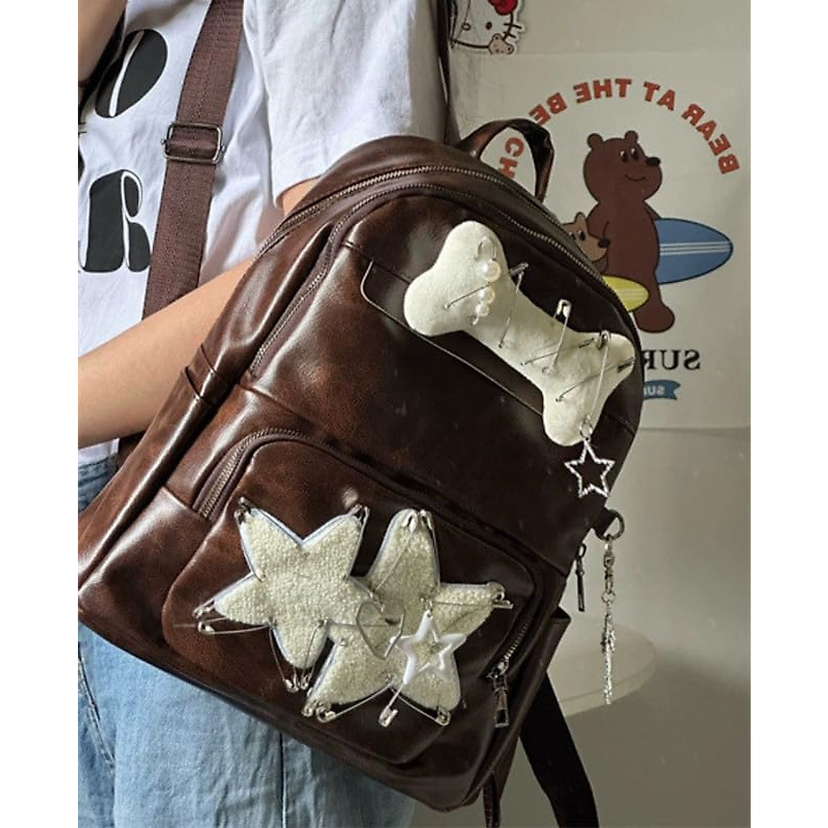 Hopecn Y2K Backpack With Accessories Star Aesthetic PU Goth Bookbag 90s Vintage Fashion Grunge Travel Daypack. (Star1-Brown1)