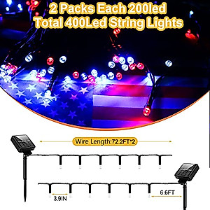 Red White Blue Solar String Lights Outdoor, 2 Sets Each 72.2Ft 200Led Patriotic Lights, 4th of July Decoration Green Wire Lights with 8 Modes for Memorial, Independence Day, Garden, Patio, Yard