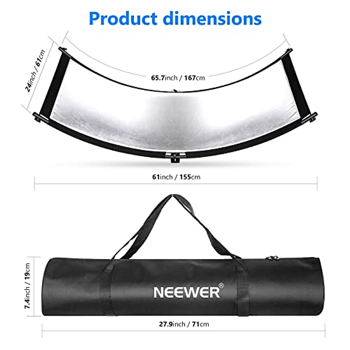 Neewer Clamshell Light Reflector Diffuser, 66”×24” Photography Curved Lighting Reflector with Black, Silver, White, Gold, Chromakey Green, Blue Colors (Stand Not Included)
