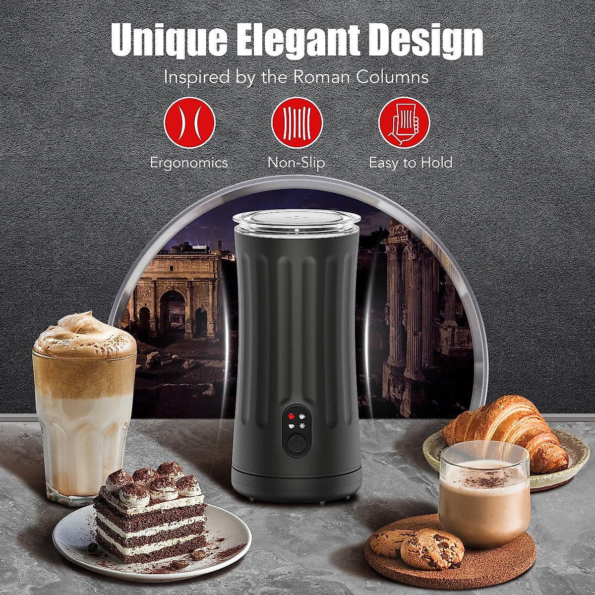 Ovetedot Milk Frother, Upgraded 4-in-1 Milk Frother and Steamer, Hot and Cold Foam Maker and Milk Warmer with Temperature Control & Auto Shut-Off, Frother for Coffee, Latte, Cappuccino, Matcha(Black)