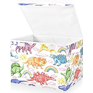 Kigai Colorful Dinosaurs Storage Basket with Lid Collapsible Storage Bin Fabric Box Closet Organizer for Home Bedroom Office 1 Pack