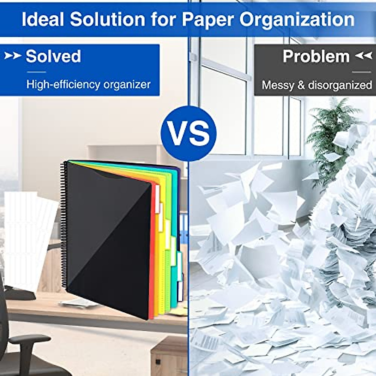 12 Pocket Project Organizer, Forvencer 1/6-cut Tab Binder Organizer with Sticky Labels, Multi Pocket Folder with Zipper Pouch, Folder Binder Spiral Pocket Organizer Folder Notebook, Letter Size, Black