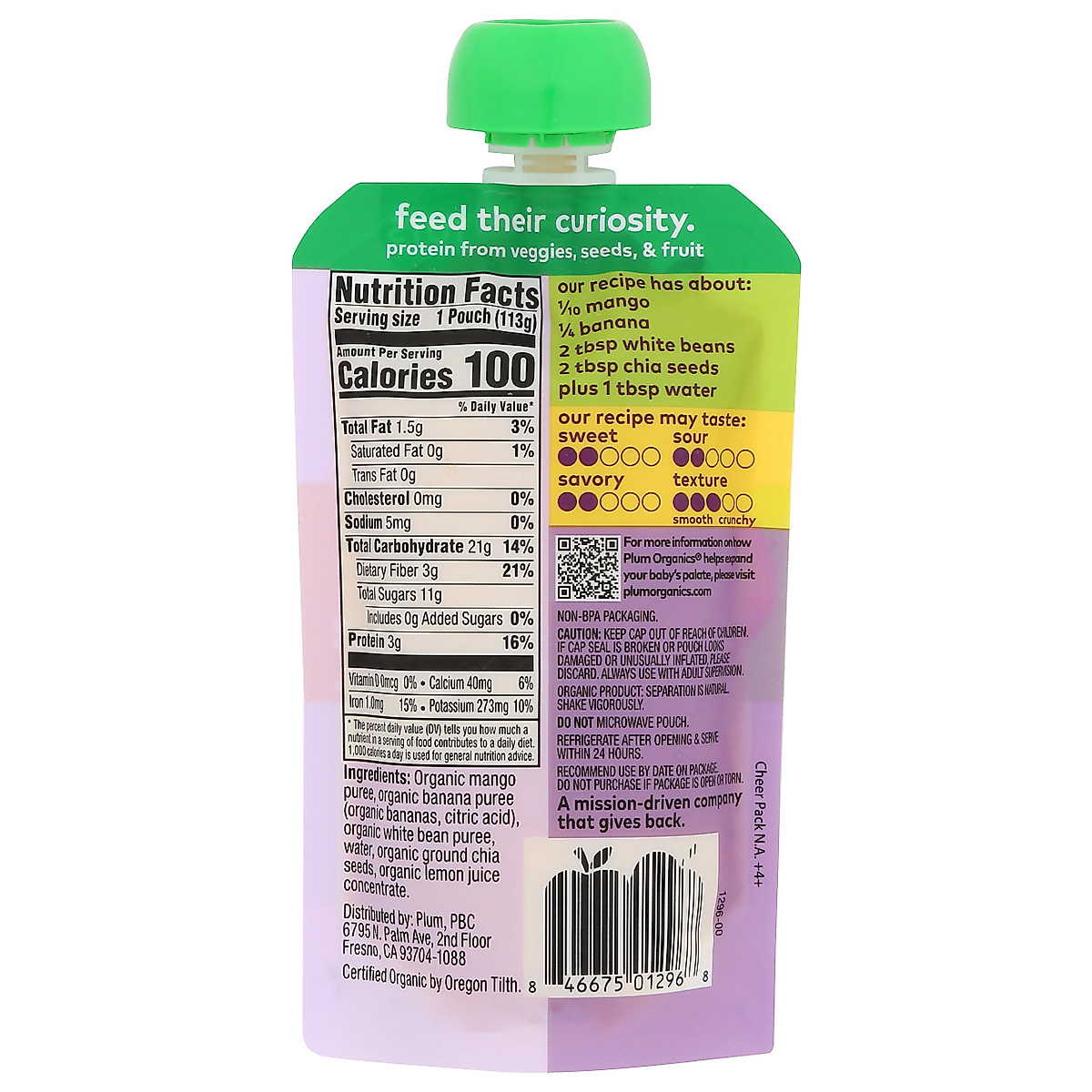 PLUM ORGANICS Organic Mighty Mango Banana Bean Sunbutter Chia, 4 OZ