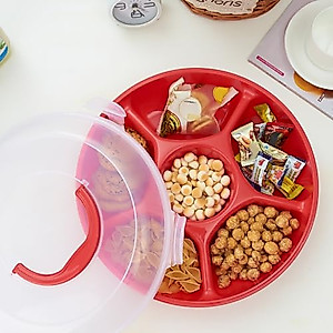 FEOOWV 78oz Food Storage Container With Dividers-Halloween Candy Tray with Lid and Handle 6 Compartments for Party Platter,Vegetable Relish Fruit Tray,Snackle box (Red)