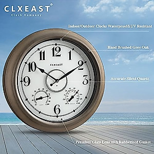 CLXEAST Illuminated Outdoor Clocks Waterproof 18 Inch with Smart Sensor,Large Outdoor Pool Clock with Temperature & Hygrometer,Wall Clock for Living Room Decor,Grey Oak/Faux Barnwood