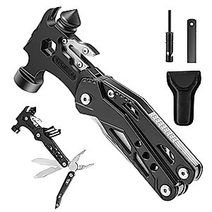 16 in 1 Multitool Hammer, 21 Tools Camping Accessories, Portable Survival Gear with Durable Sheath, 5-in-1 Function with Fire Starter, Gifts for Men