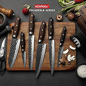 KONOLL Kitchen Knife Block Set 9 Pcs Chef Knife Box Set Ultra Sharp Forged Knives Set, Meat Cleaver HC Stainless German Steel with Full Tang Wood Handle (Knife Block Set 9 Pcs)
