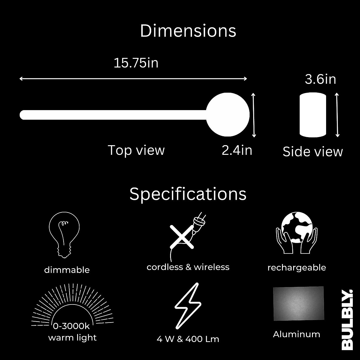 Bulbly Modern Cordless Wall Sconce Set of Two | Modern Dimmable LED Black Wall Lamps for Living Room & Bedroom Decor | USB Rechargeable Wall Light