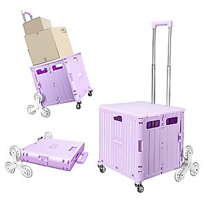 Honshine Foldable Cart with Stair Climbing Wheels, Collapsible Rolling Crate with Telescoping Handle, Handcart for Grocery Book File Tool Art Supplies(Lavender)